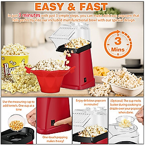 ATSENT Hot Air Popcorn Popper Maker with Popcorn Bowl, Fast Popcorn Machine in Minutes with Measuring Cup and Butter Melting Tray for Party Kids,16 Cups, Red