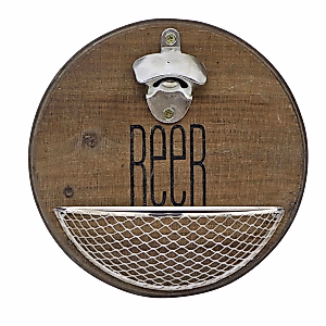 Foreside Home and Garden Rustic Wood Wall Mount Beer Bottle Opener with Metal Basket, Brown