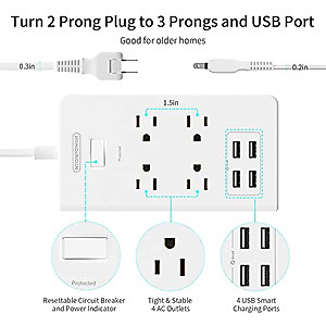 Rotating Plug 2 Prong Power Strip Surge Protector, NTONPOWER Two Prong Extension Cord 15 ft, 2 Prong to 3 Prong Outlet Adapter, 4 Outlets 4 USB Ports,Non-Grounded Outlets Ideal for Old House, White