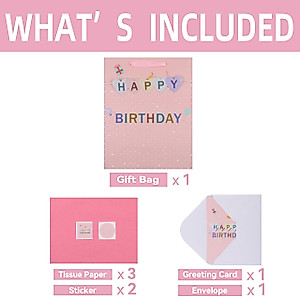 13" Large Pink Gift Bag Set with Greeting Card and Tissue Papers (3D 'Happy' Design) Women's Birthday Party, Girls', or Kids' Parties, Baby Shower - 10.2”x5.2”x13”, 1 Pcs.