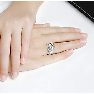 LRGKMCWTOB 2-in-1 Womens 925 Solid Sterling Silver Matching Bridal Set Wedding Engagement Rings Clear Round Cubic Zirconia Engagement Promise Bridal Silver Band Fashion Cute (US 7)