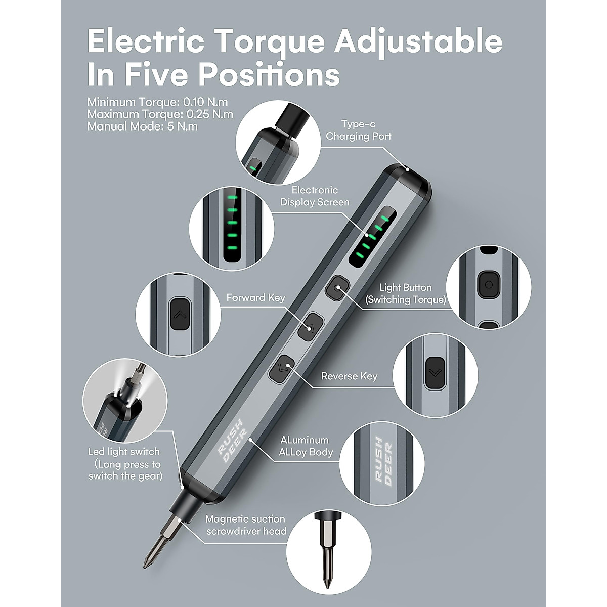 Rush Deer 70-in-1 Electric Screwdriver Set - Rechargeable Mini Precision Power Screwdriver with 64 Magnetic Bits, 5 Torque Settings, For Phone, Laptop, Camera - Cordless and Portable