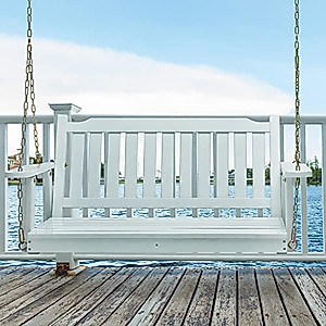 ALIMORDEN 2 Person Porch Swing, Wooden Outdoor Swing Bench with Chains, Finished Hanging Bench for Garden, Courtyard, Lawn & Balcony, White