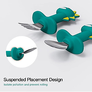 SFCCMM Toddler Utensils Stainless Steel Forks and Spoons Safe Children's Cutlery Set Handle Cartoon Cute for Baby (Green Dinosaur - Short)