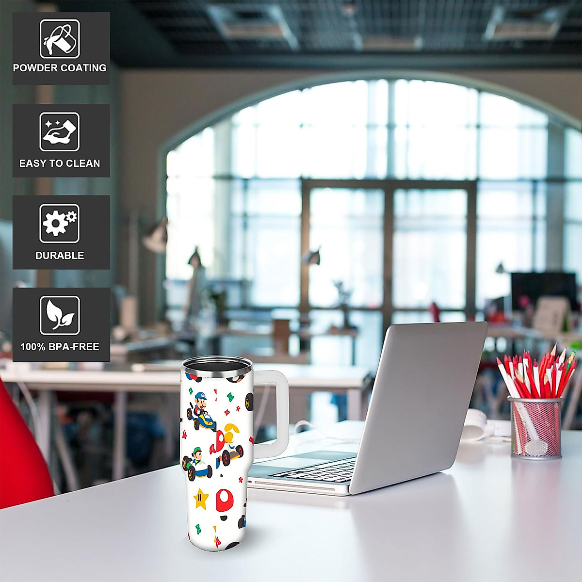 FOCIUZTA 40oz Playful Mario Kart Pattern Tumbler with Lid, Travel Coffee Cup, Ideal for Easter, Gaming Enthusiast, Mother Day, and Birthday Gifts