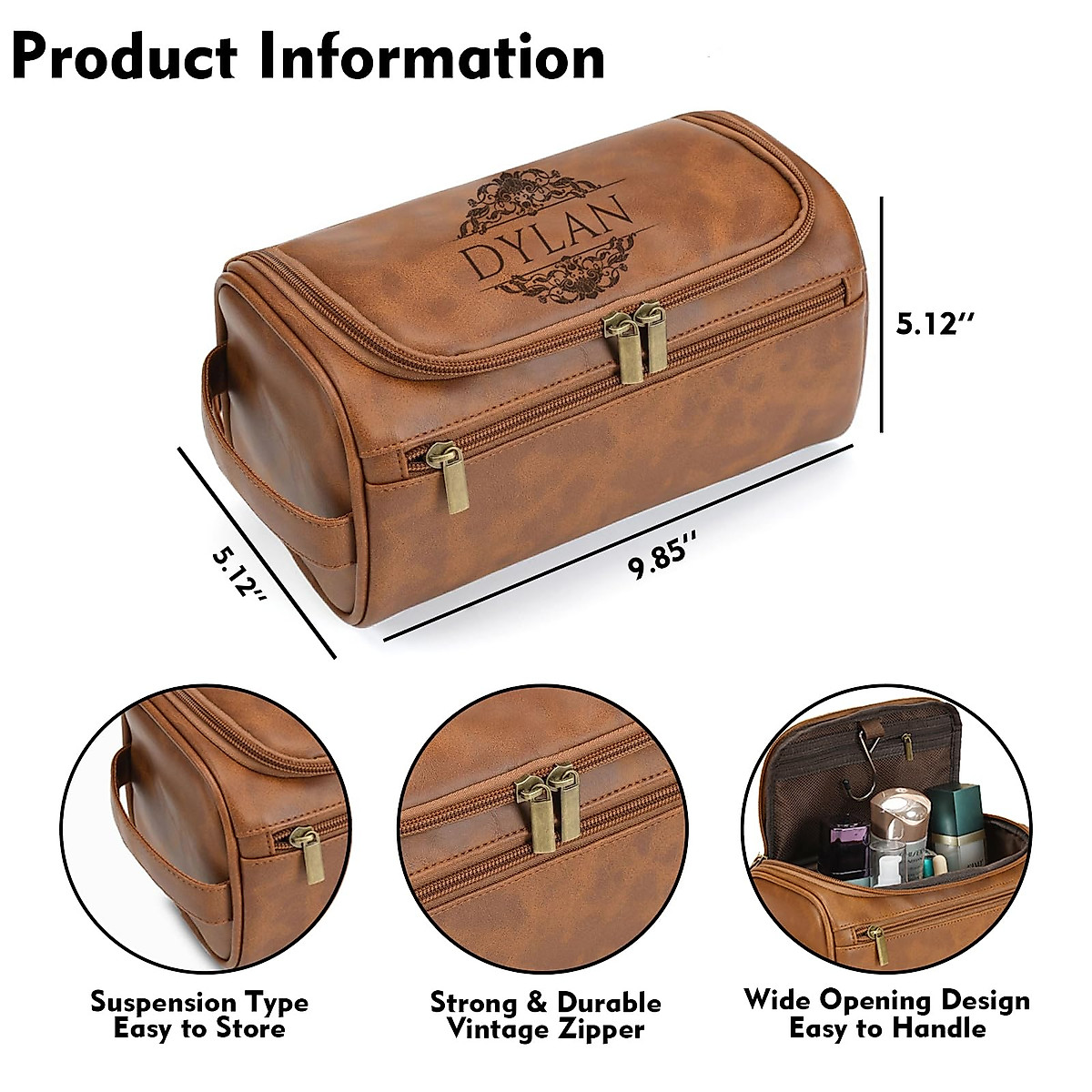 EAQ Personalized Toiletry Bag for Men, Personalized Leather Dopp Kits Customizable Travel Organizer Engraved Name/Logo for Husband, Boyfriend, Dad, Wedding, Anniversary, Gift