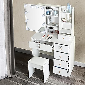 White Vanity Table, Vanity Desk Set with Mirror and Lights,Makeup Vanity Table with 5 Drawers,Storage Shelves & Cushioned Stool for Girls Bedroom