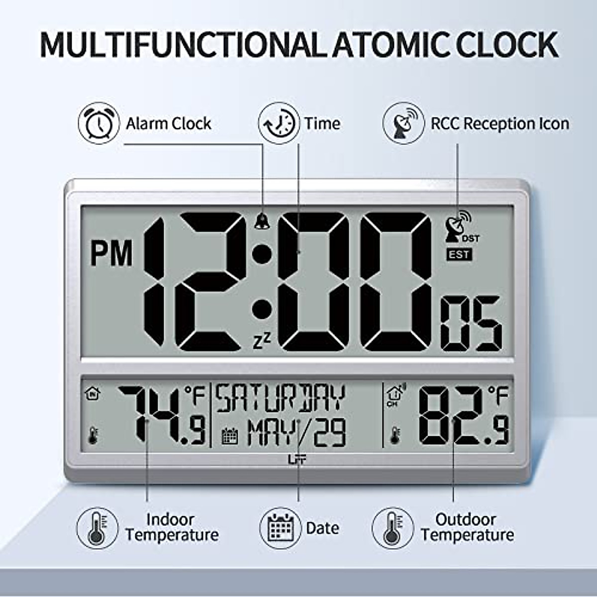 LFF Atomic Clock 4.5" Numbers, Atomic Wall Clock with Indoor & Outdoor Temperature，Never Needs Setting, Battery Operated, Date, Time, Wireless Outdoor Sensor, Jumbo Display Easy to Read