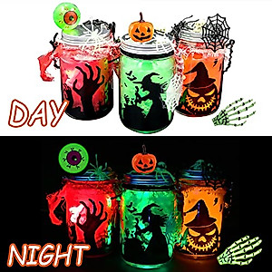 4 pcs Halloween DIY Lantern Jar Craft Kit Decor Supplies Gift, Flickering Flameless Candles(Red, Orange, Green) and Accessories(Eyeball, Spider, finger), Indoor Outdoor Garden DIY Decor Art Project