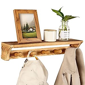 Becko US Coat Rack Wall Mounted Coat Hooks Decorative Wooden Wall Hooks Rustic Entryway Shelf with 5 Vintage Hooks Wall Hook Rack and Upper Shelf for Strorage for Bathroom, Living Room (Light Brown)