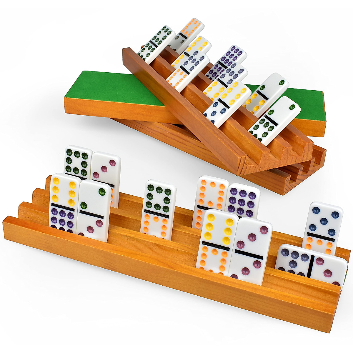 Queensell Domino Holders for Classic Board Games - Wooden Domino Racks Set of 4 - Mexican Train Dominoes Accessories - Domino Trays for Tiles Family Games (Large)