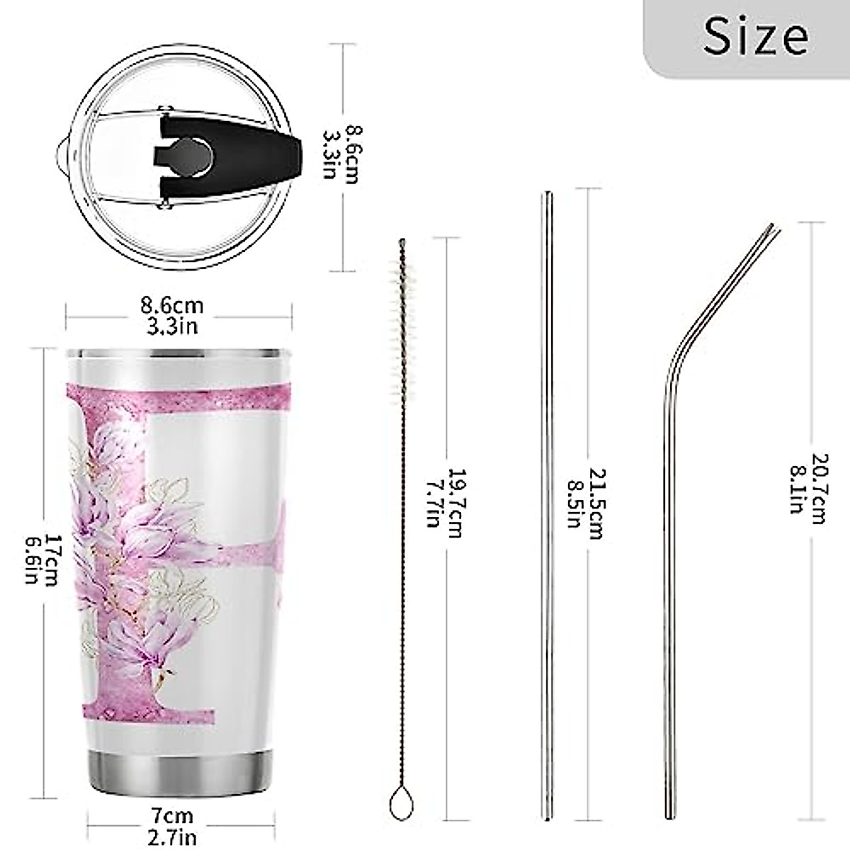 OTVEE 20 oz Tumbler with Lid and Straw, Vacuum Stainless Steel Insulated Coffee Travel Mug Cup, Double Walled BPF Free Leakproof Water Bottle Thermos for Sport Office, Floral Watercolor Alphabet F