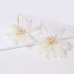 YERTTER Women Big Petal Drop Large Earrings Big Flowers Dangle Earrings with Chiffon Floral Tassel for Vacation Wedding (Ivory)