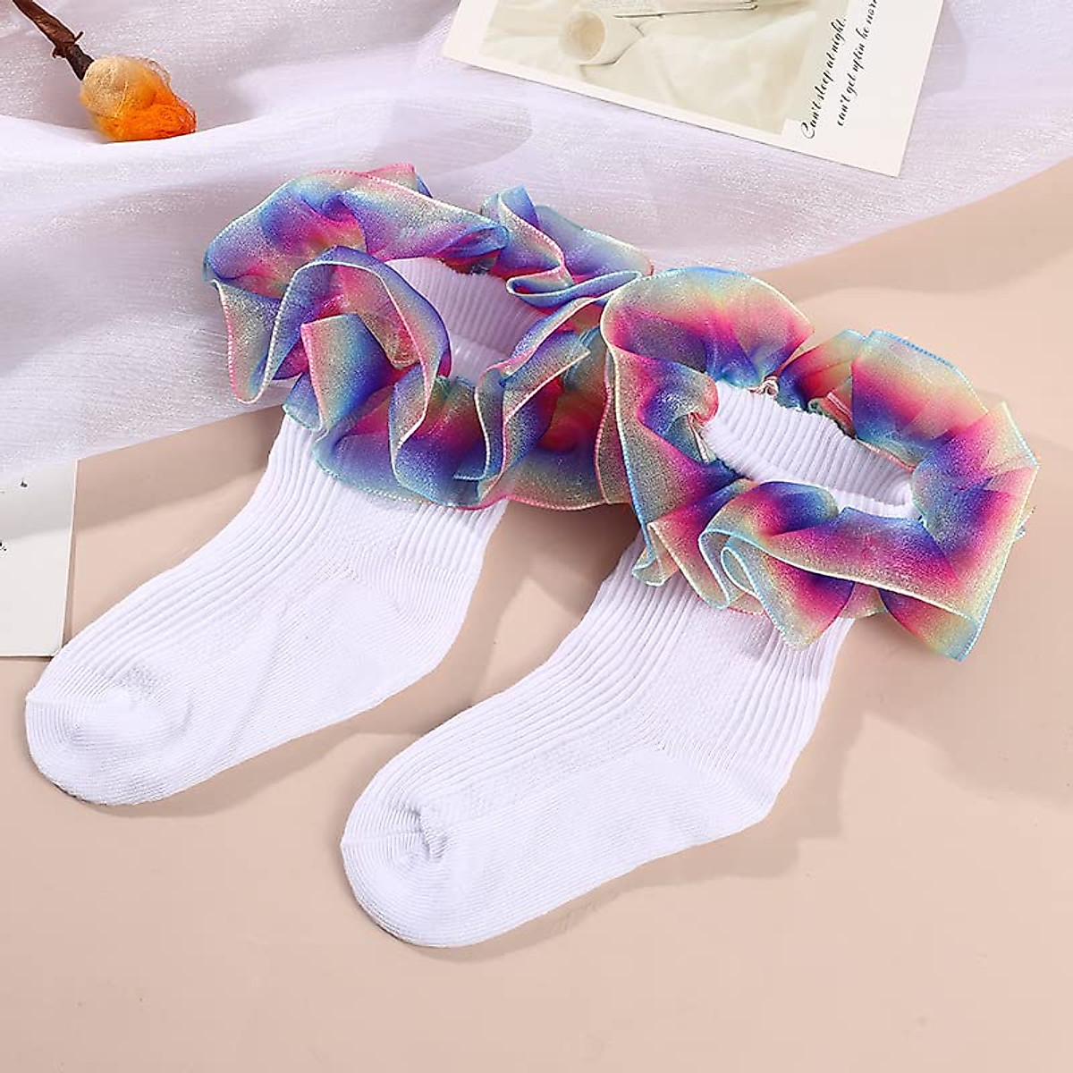 Hopply Toddler Girls Double Lace Socks Turn Cuff Shimmering Big Ruffle Rainbow Style Dress Lace Socks for Infant Kids