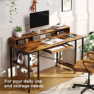 Rolanstar Computer Desk 47 inch with LED Lights & Power Outlets, Gaming Desk with Storage Shelves, Home Office Desk with Keyboard Tray, Writing Desk with Monitor Stand, Work Desk, Rustic Brown