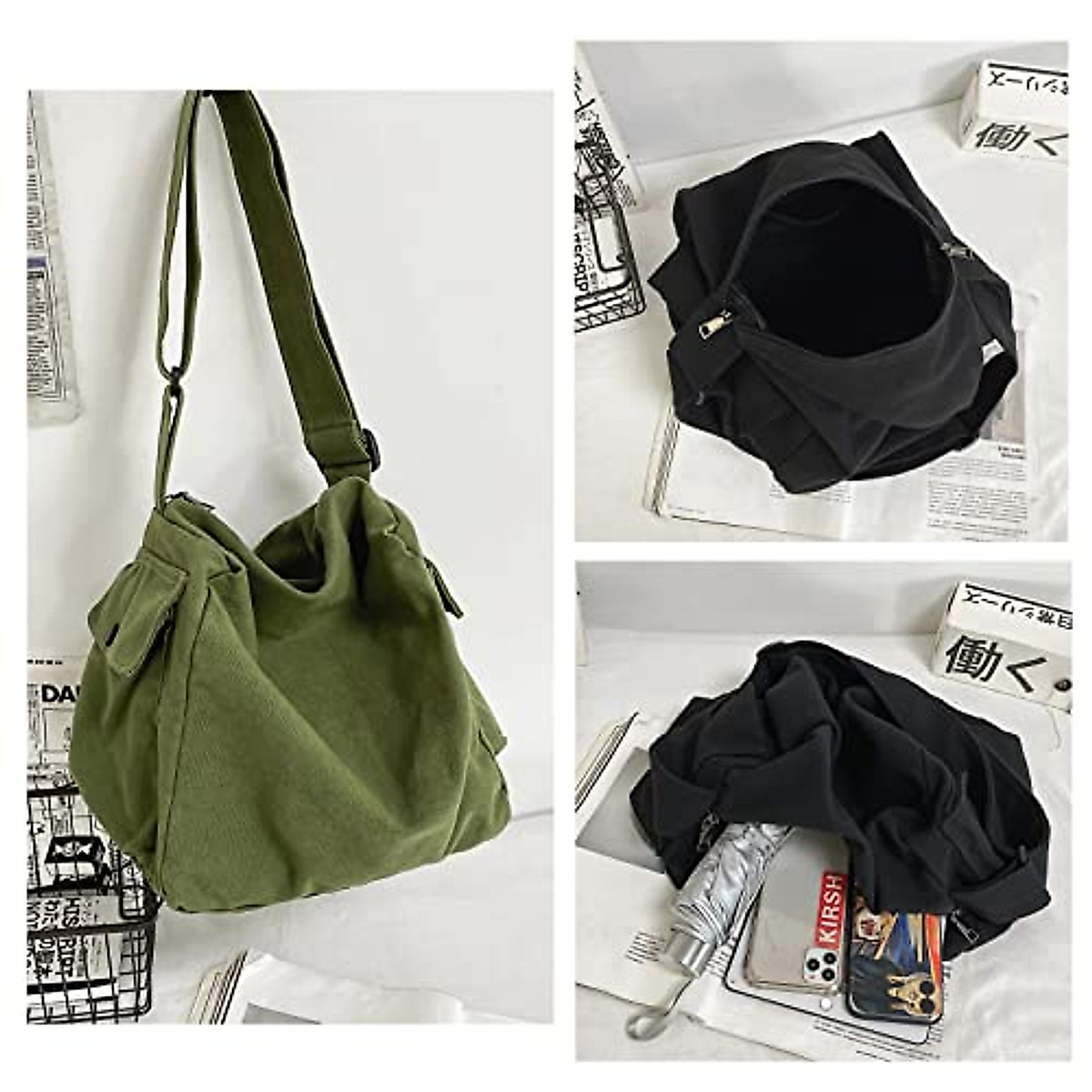 KlaOYer Canvas Messenger Bag Large Hobo Bag School Crossbody Shoulder Bag Tote Bag with Pocket for Women and Men (Coffee 2)