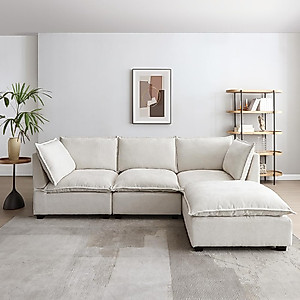 JURMALYN 99.3" Modern Sectional Sofa Couch for Living Room L-Shape Sofa 3 Seater Cloud Couch with Ottoman,Comfy Feather Sofa with 2 Pillows Fabric Couch Set for Apartment Office Beige
