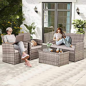 FHFO 4 Piece Outdoor Patio Furniture Sets, Wicker Sectional Conversation Sofa Set, Rattan Table and Chairs and Loveseat with Cushions for Outside Balcony Porch Backyard (Gray-Gray)