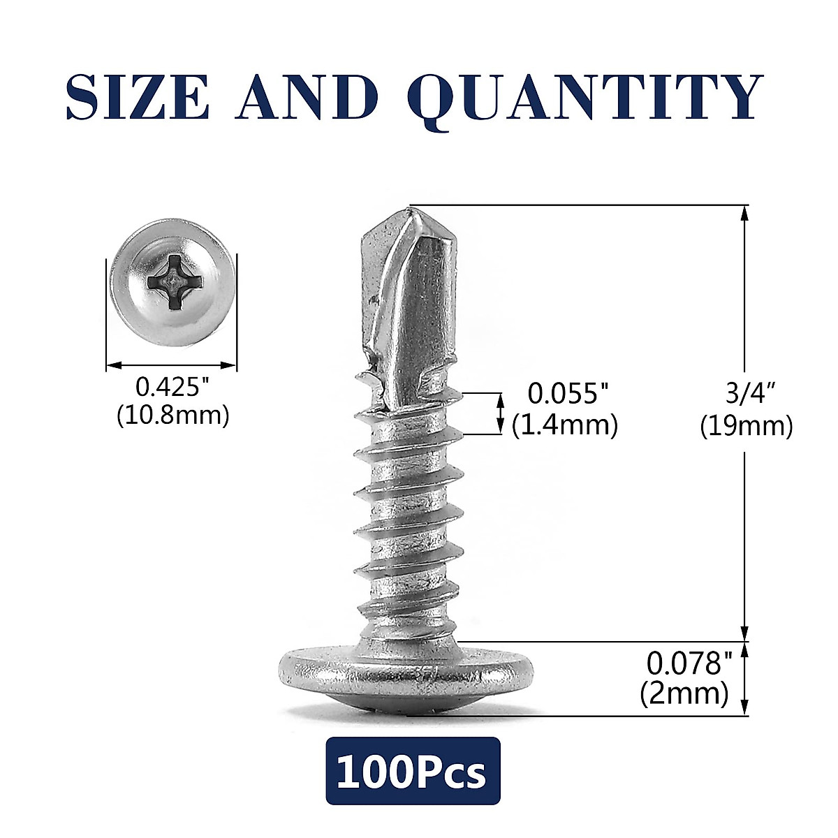 #8 x 3/4" Sheet Metal Screws 100PCS 410 Stainless Steel Truss Head Fast Self Tapping Screws by SG TZH