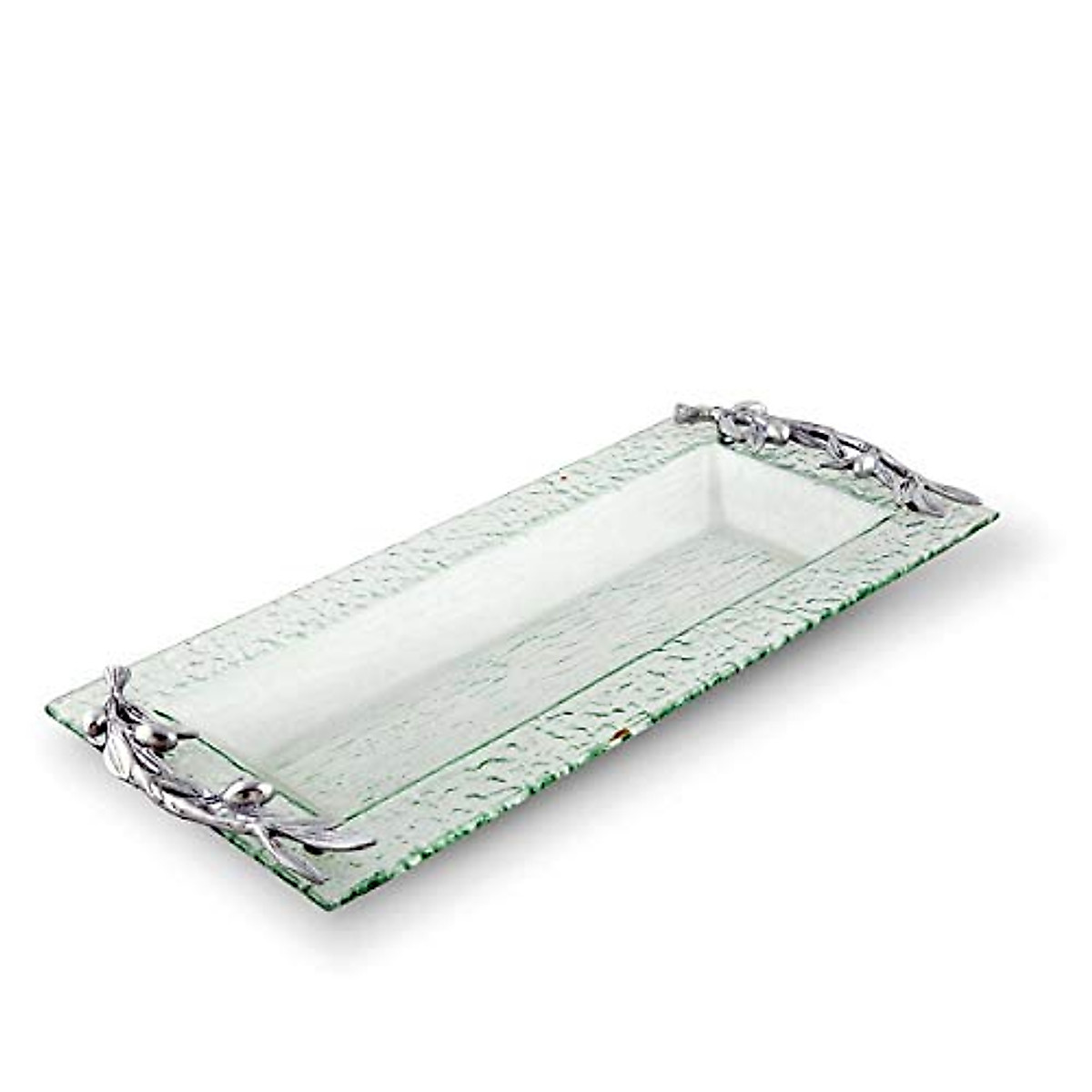 Arthur Court Glass Oblong Cheese Serving Tray with Meta Olive Handles Branch 17.5 inch x 7 inch