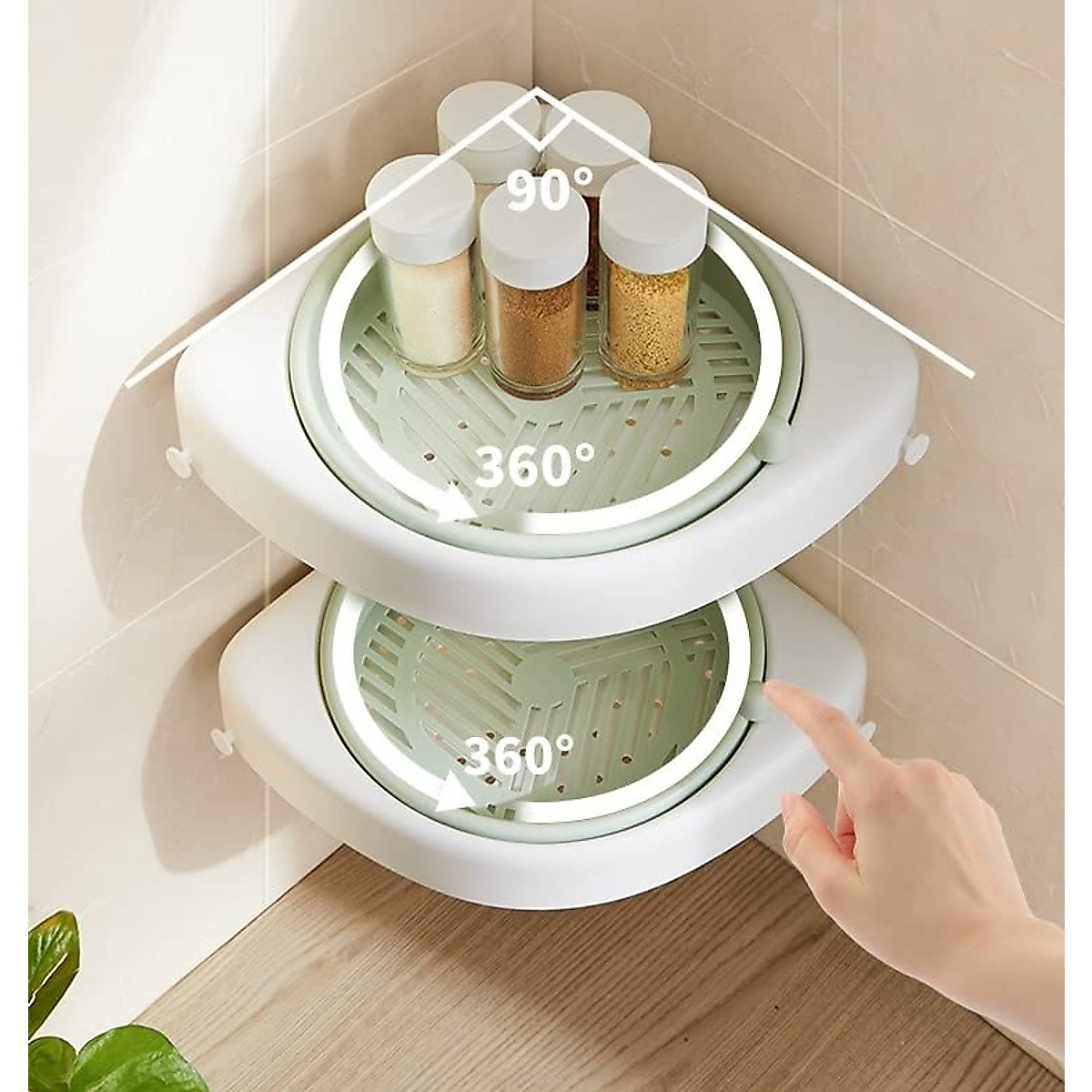 Feilifan Corner Shower Caddy, Plastic 360 Rotating Shower Organizer with Hooks, Bathroom Adhesive Shelf for Shower, Waterproof Shower Shelves for Washroom Toilet Kitchen, Max Hold 15 lbs, White