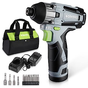 WORKPRO Cordless Impact Driver Kit, 1/4” Hex Electric Impact Drill/Driver Set with 12V 2.0Ah Lithium-ion Battery, 1 Hour Fast Charge, Variable Speed, 14pc Driver Bits and Tool Bag Included