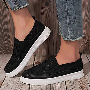 Sneakers for Women Fashion Sneakers Women's Canvas Shoes Sneaker Walking Shoes Ladies Fashion Solid Color Breathable Hollow Mesh Round Head Shallow Flat Black