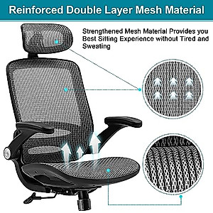 Ergonomic Mesh Office Chair, High Back Computer Mesh Desk Chair with Adjustable 2D Headrest & Flip Up Arms, 135°Tilt Function, Mesh Seat, Breathable Swivel Executive Task Chair for Tall People