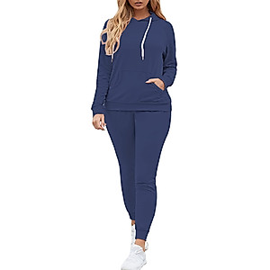 Fixmatti Hoodie Sweat Suit Women Clothing Long Sleeve Sweatpants Sport Jogger Set Navy Blue M