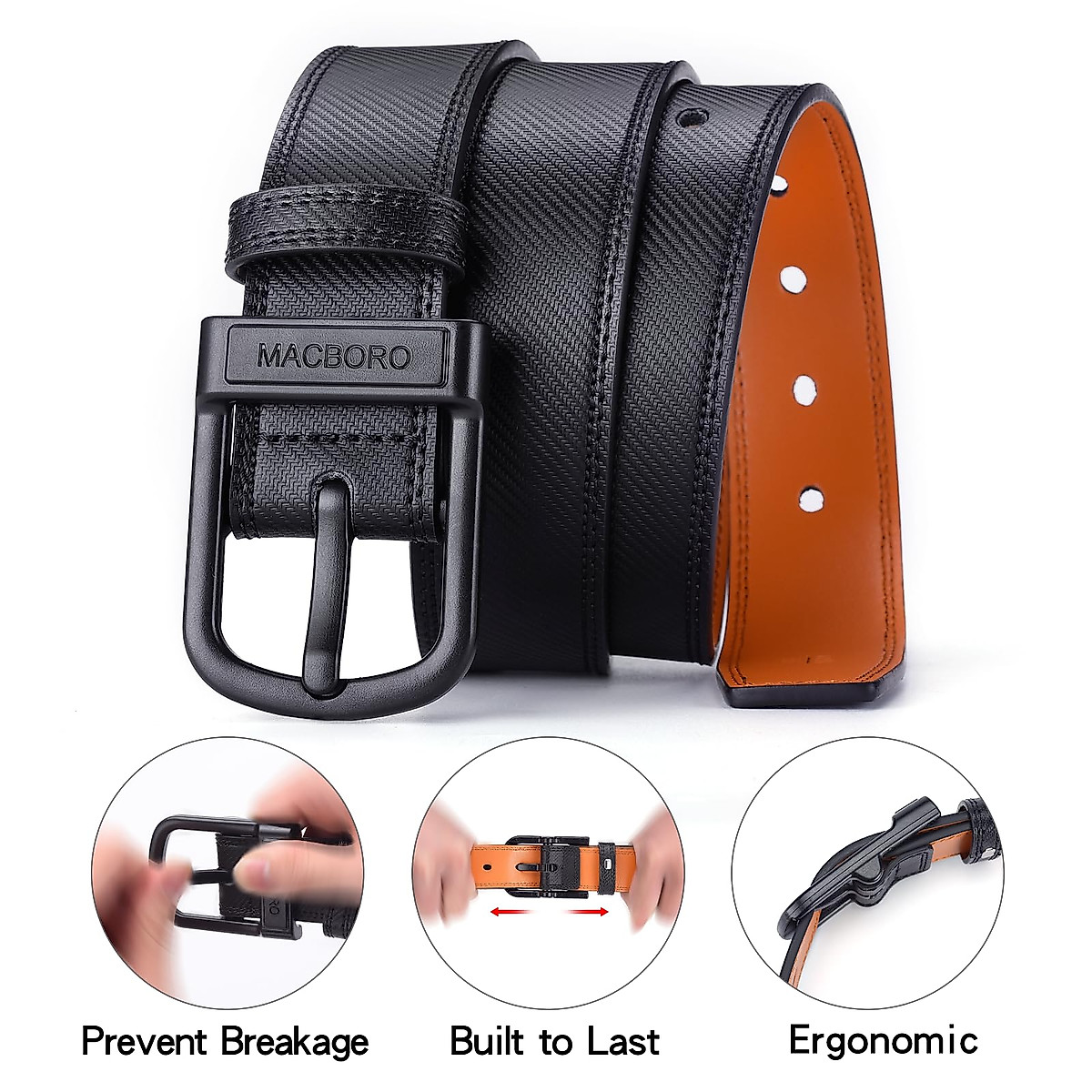 MACBORO Non Metal Tsa Approved Belt Nickel Free Hypoallergenic Belts for Men Plastic Buckle Travel Black Leather Belt