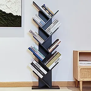 Aroktake Bookshelf, 9-Tier Black Tree Bookshelf, Anti-Tippling Wooden Bookshelves Storage Rack for Home Office, Living Room, Bedroom, Black