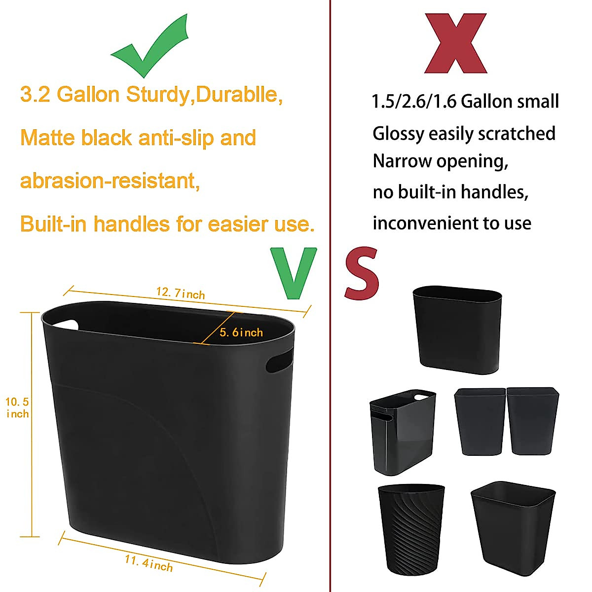 LOSYHU 3.2 Gallon Slim Waste Basket, Black, 2 Pack, Plastic Small Trash Can with Handles, 12L Capacity