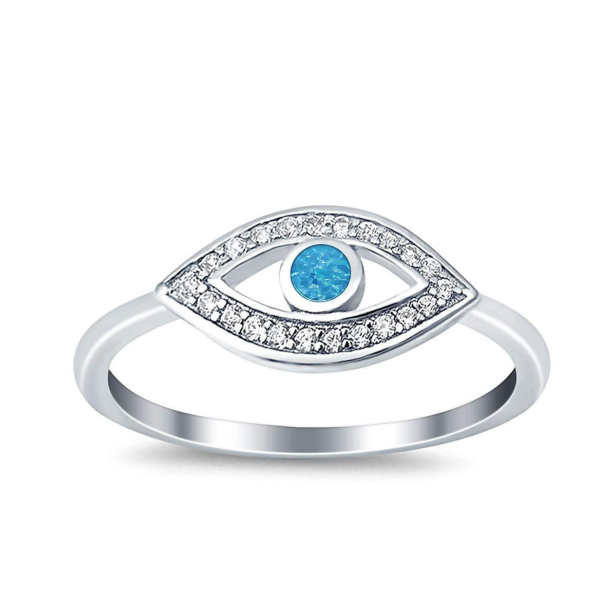 Lab Created Blue Opal Size-4 Evil Eye Ring Round Simulated Cubic Zirconia 925 Sterling Silver