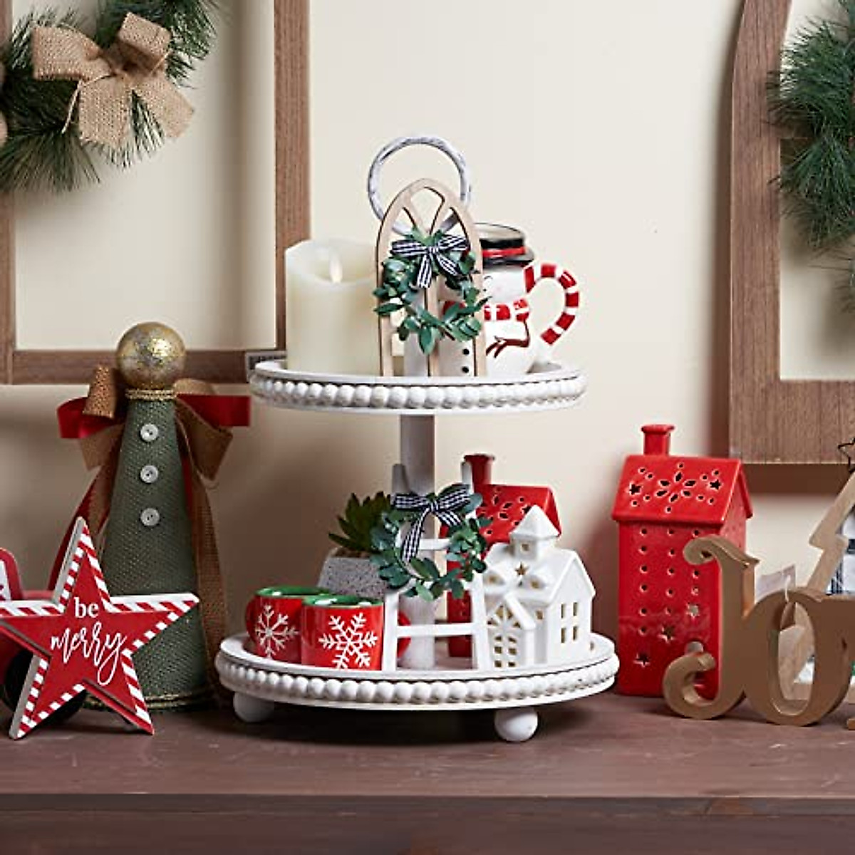 GenMous & Co. Rustic Wood Beaded 2 Tiered Tray Stand For Farmhouse Kitchen Table Decor, Rustic White Two Tiered Serving Tray For Food Fruits Cupcakes Display Coffee Bar Home Party Seasonal Decorations