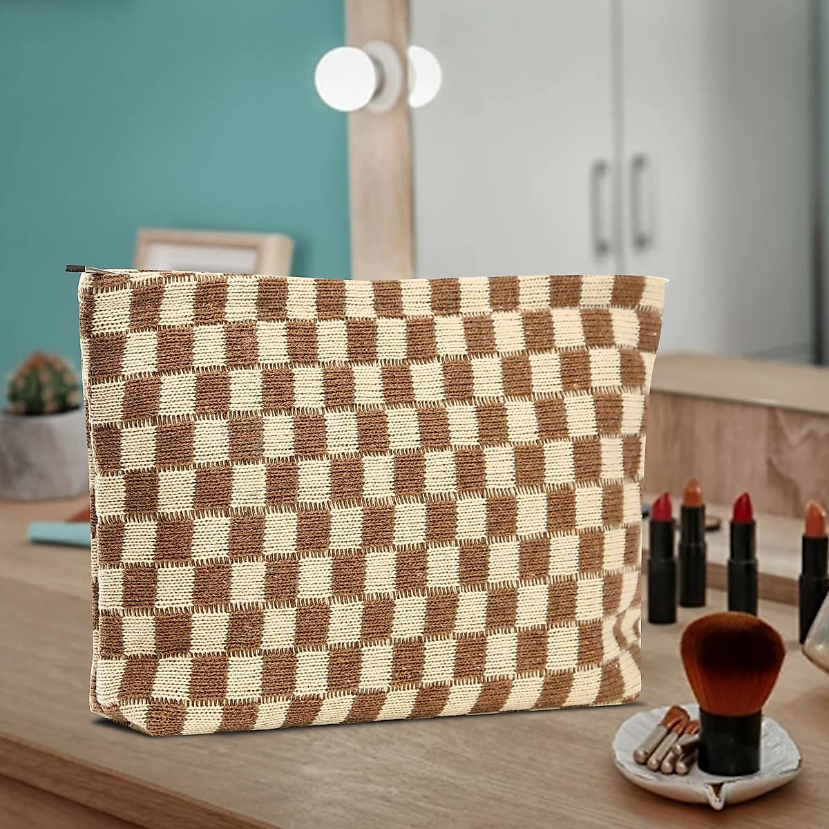 Aoekaff Cosmetic Bags for Women,Large Y2K Makeup Bags for Travel Aesthetic Knitted Purses Checkered Toiletry Bag Makeup Organizer Storage For Women Gift (Khaki)