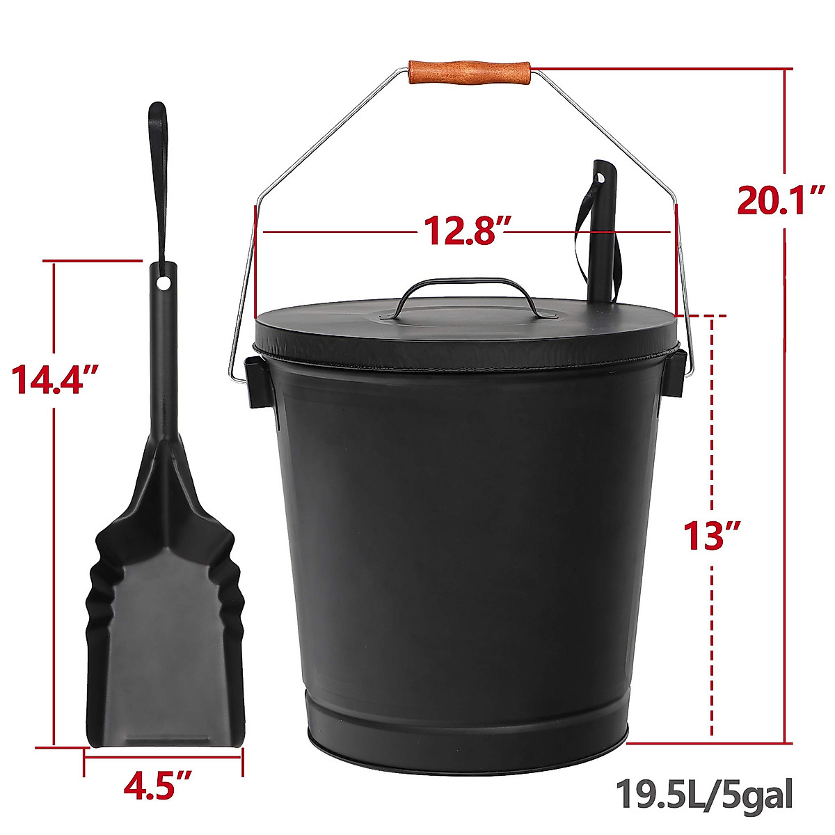 LEMY Ash Bucket with Lid and Shovel, 5 Gallon Ash Container for Fireplace, Fire Pits, Wood Burning Stoves