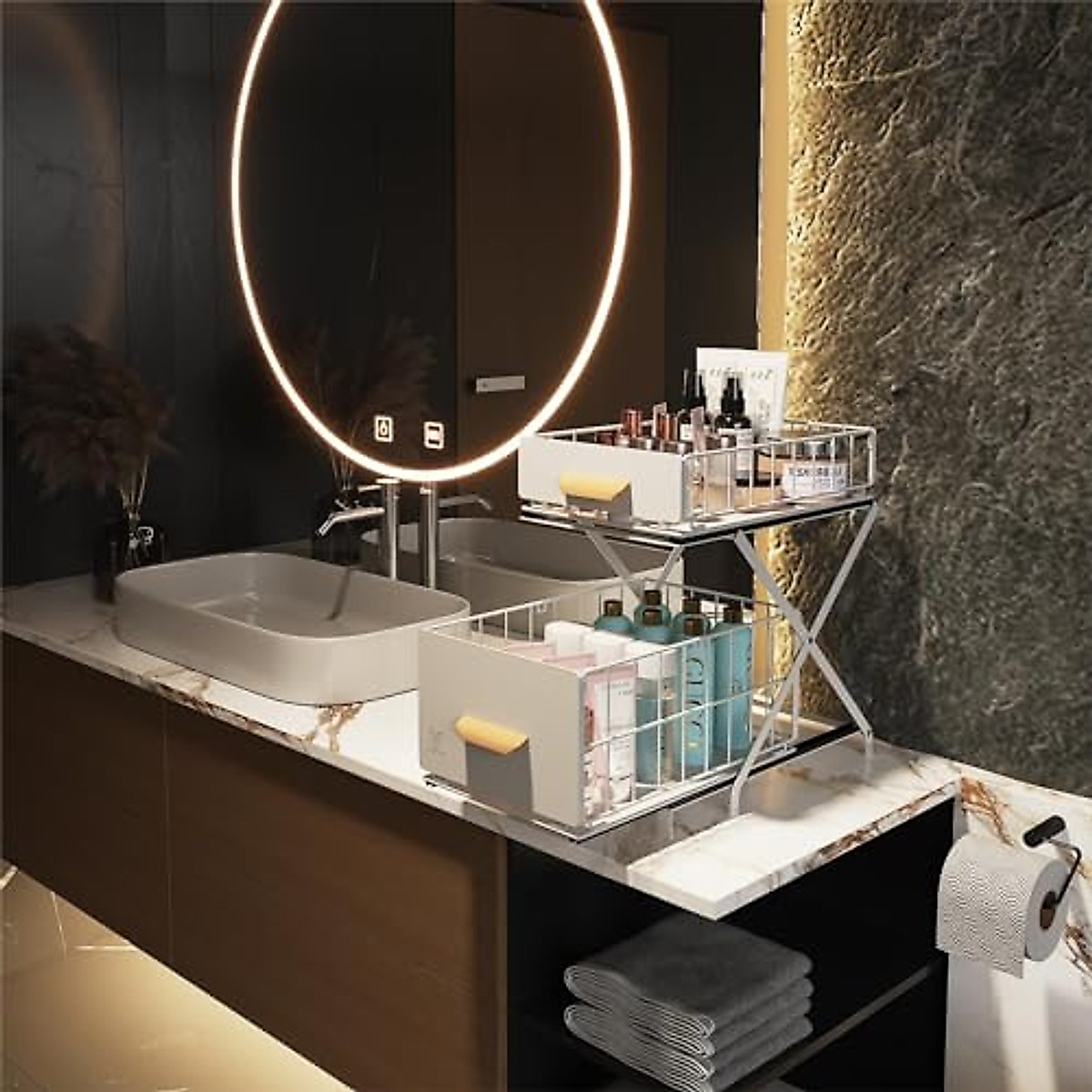 SweeTinytwo 2 Tier Under Sink Organizers and Storage, Kitchen Cabinet Pull Out Shelves with Height Adjustment (40CM Two Level Adjustment, White)