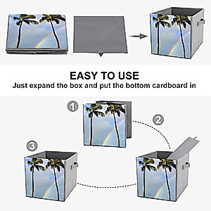 Rainbow Palm Trees PU Leather Collapsible Storage Bins Canvas Cube Organizer Basket with Handles