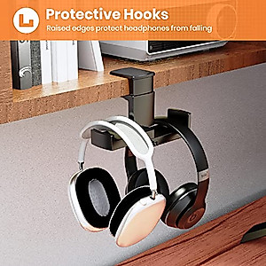 Dual Headphone Stand - Klearlook 2 in 1 360°Rotating Headphone Hook for Desk, Clamp Adjustable Twin Headset Holder Under Desk with Cable Organizer,Headphone Hanger for Gaming Headset,Controller-Black