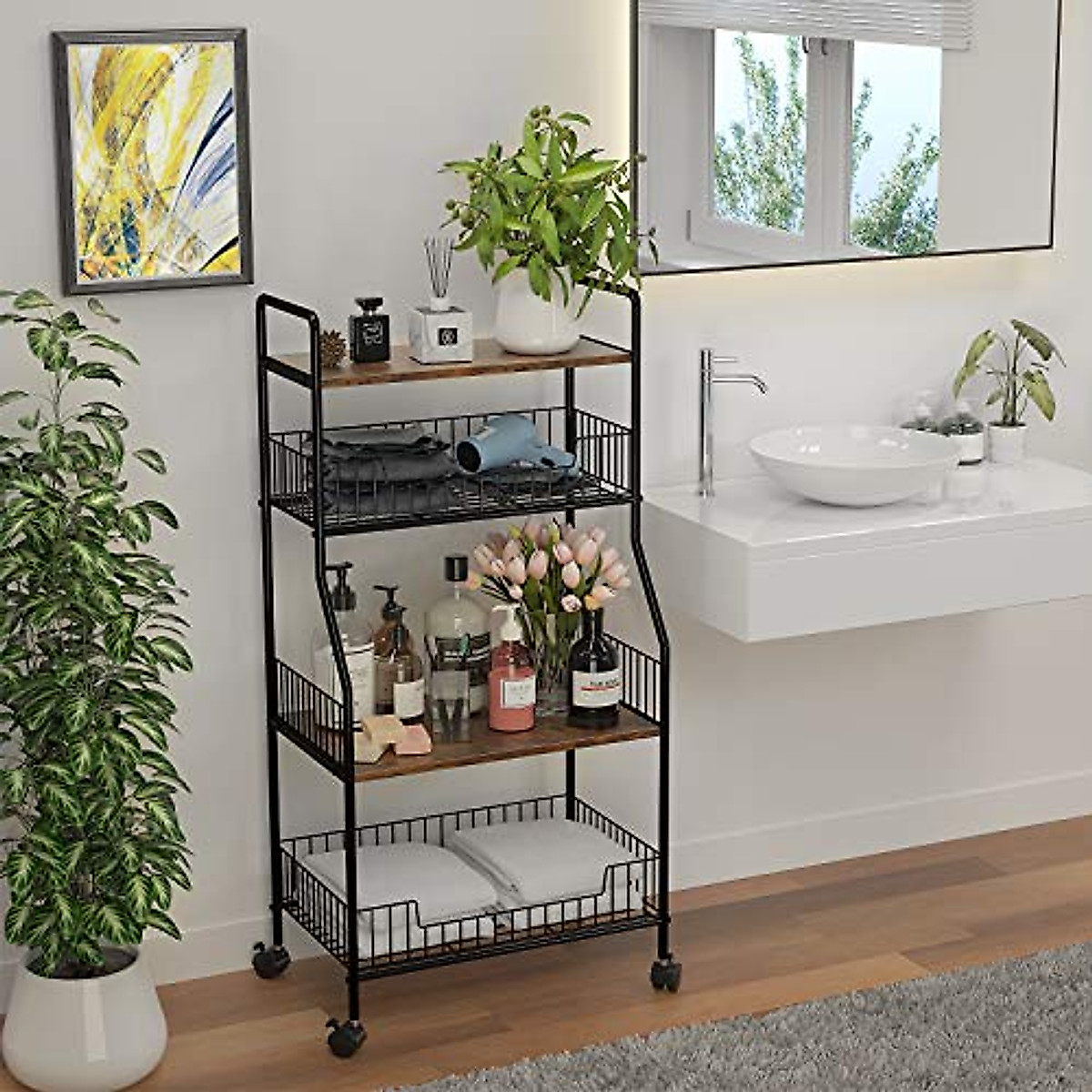 Kitchen Baker's Rack Microwave Stand Cart on Wheels with Large Metal Baskets, Utility Storage Shelf Rolling Cart Fruit Vegetable Kitchen Organizer Rack 4 Tier Shelves Multipurpose Organizer Shelf