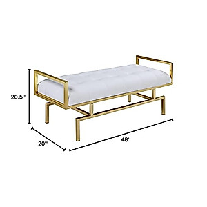 Iconic Home Bruno PU Leather Modern Contemporary Tufted Seating Goldtone Metal Leg Bench, White