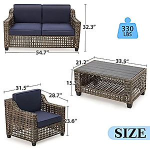 MELLCOM 4-Piece Outdoor Sectional Sofa Couch, Patio Furniture Set with Cushions and HDPE Table Top, Handwoven PE Wicker Rattan Patio Conversation Set for Patio, Garden, Yard, Pool, Brown and Blue
