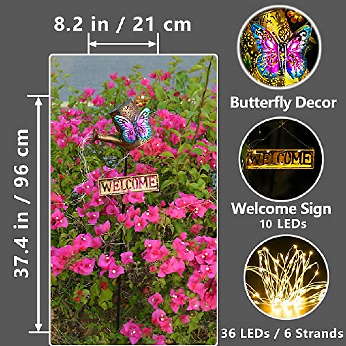UrsaMajor Solar Watering Can with Cascading Lights - Garden Stakes Decorative with Welcome Sign Waterproof, 37.5 Inch Yard Art for Front Door Flower Bed Pots Porch Pathway Patio Backyard Landscape