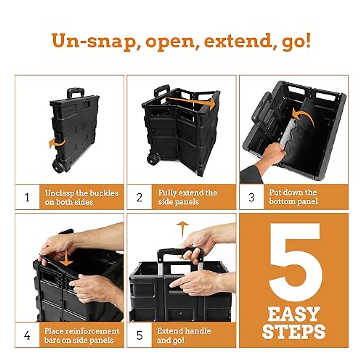 Inspired Living Ultra-Slim Rolling Collapsible Storage Pack-N-Roll Utility-carts, with Telescopic Handle, for Home, Garden, Shopping, Office, School use, Medium, Black