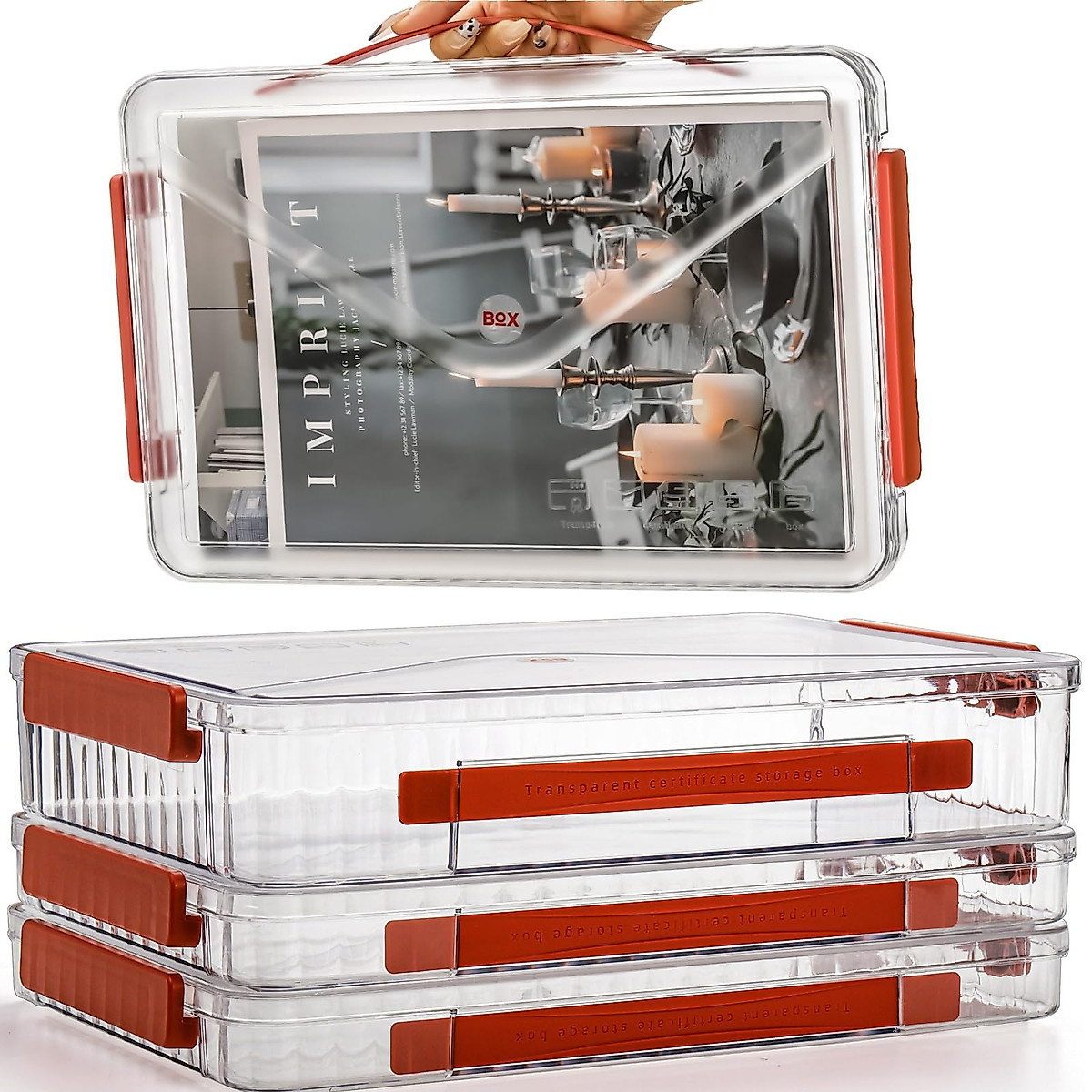 Mezchi Set of 3 Portable Paper Storage Box Organizer, 9" X 14" Clear Plastic File Storage Box with Lids, Stackable Document Box Project Case for Organizing A4 File Paper, School Supply, Craft