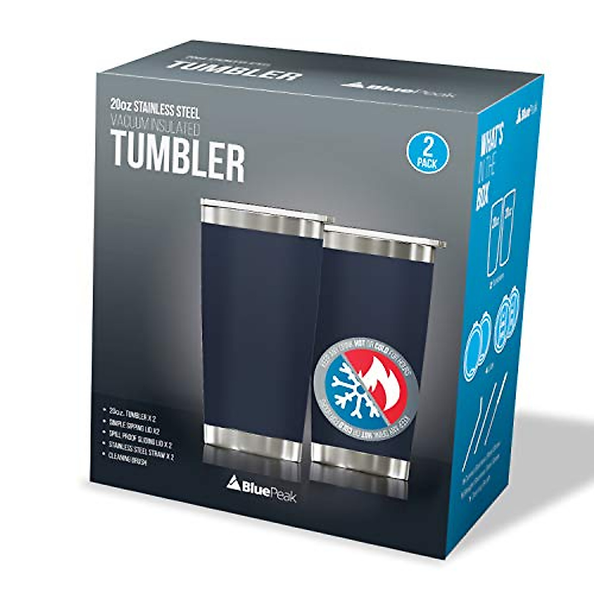 BluePeak Double Wall Stainless Steel Insulated Tumbler Set, 2-Pack, Includes Sipping Lids, Spill-Proof Sliding Lids, Straws, Cleaning Brush & Gift Box (20oz, Navy)
