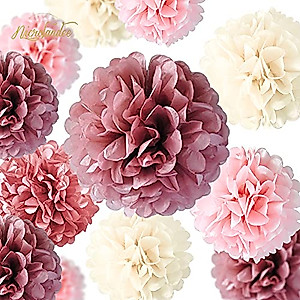 NICROLANDEE 12PCS Dusty Rose Blush Pink Tissue Pom Poms Flowers for Wedding, Bridal Shower, Baby Shower, Sweet Birthday, Engagement, Bachelorettes, Valentine Decorations, Pink Party Decorations