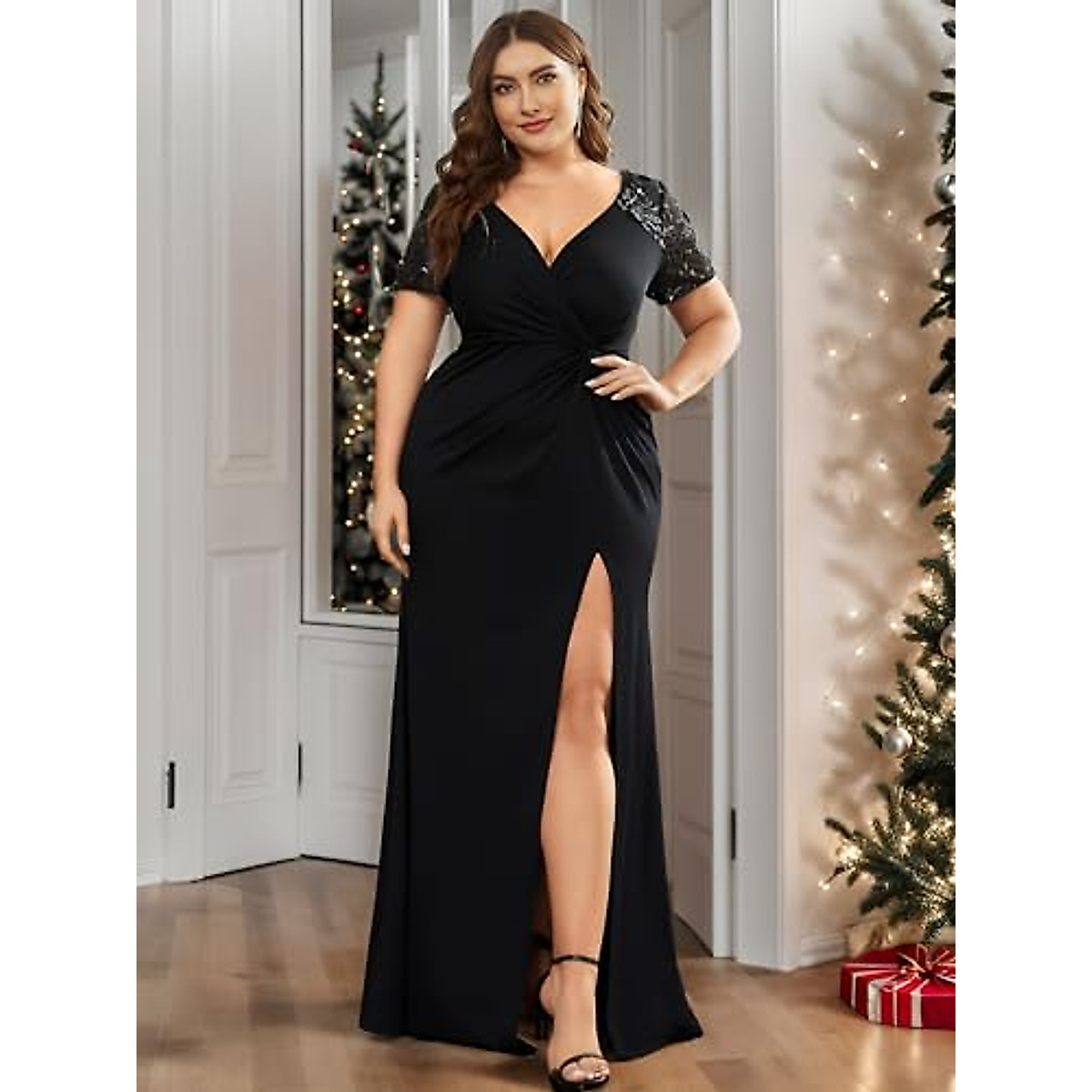 Ever-Pretty Plus Women's Double V-Neck Sequins Pleated Formal Dresses Plus Size Dresses for Curvy Women Black US24