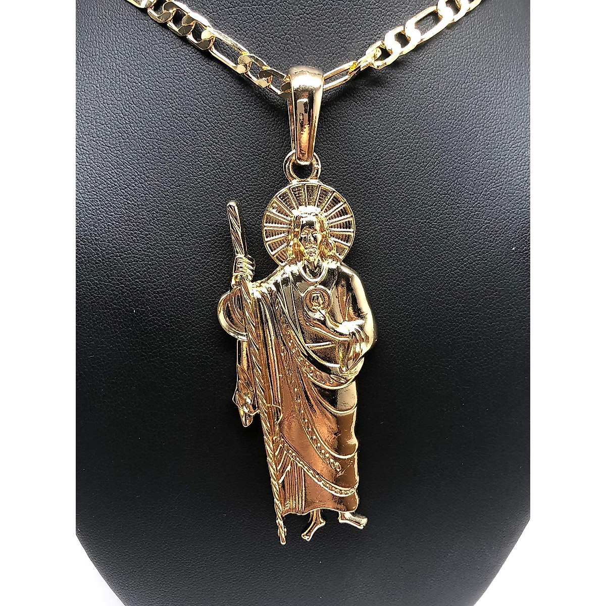 Fran & Co. Jewelry Gold Plated Big Saint Jude Pendant Necklace Figaro 26" San Judas Tadeo Medalla XL Cadena Oro