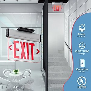 TANLUX Red Exit Signs for Business, LED Edge Lit Exit Sign, UL 924, Hardwired Emergency Exit Lights with Battery Backup, Aluminum Housing with Rotating Acrylic Clear Panel, AC 120/277V, 1 Pack